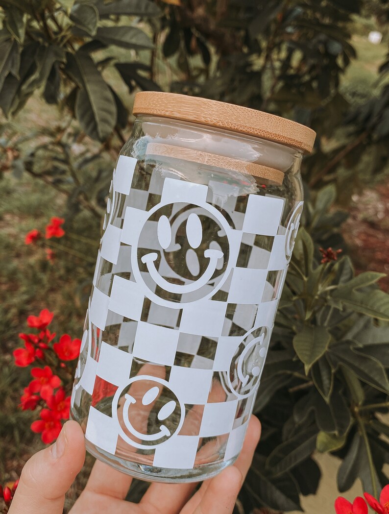 Checkered Smiley Face Can Glass Beer Can Glass Libbey Can | Etsy