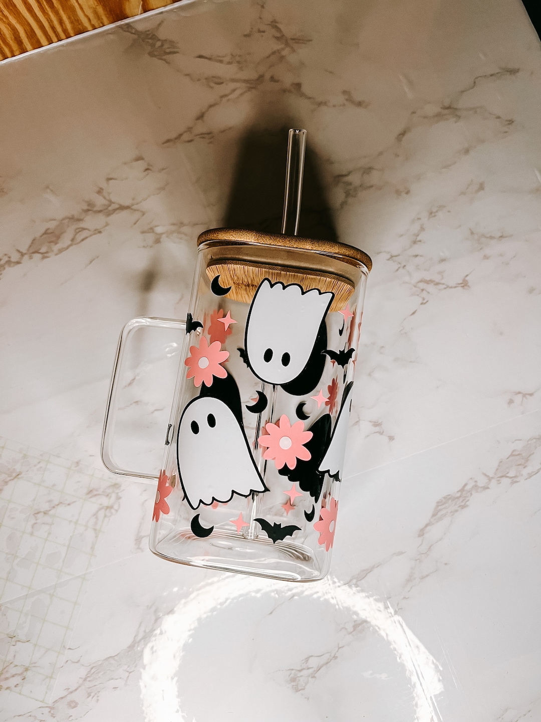 Floral Ghost Glass Mug Square 18oz Glass Mug Spooky Cute - Etsy