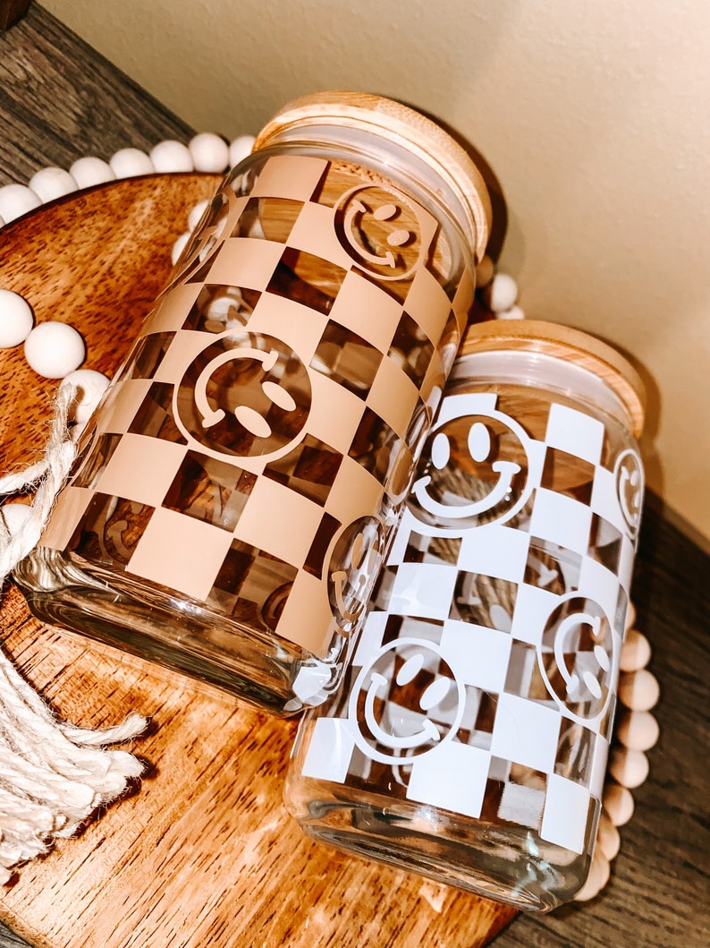Checkered Smiley Face Can Glass Beer Can Glass Libbey Can | Etsy