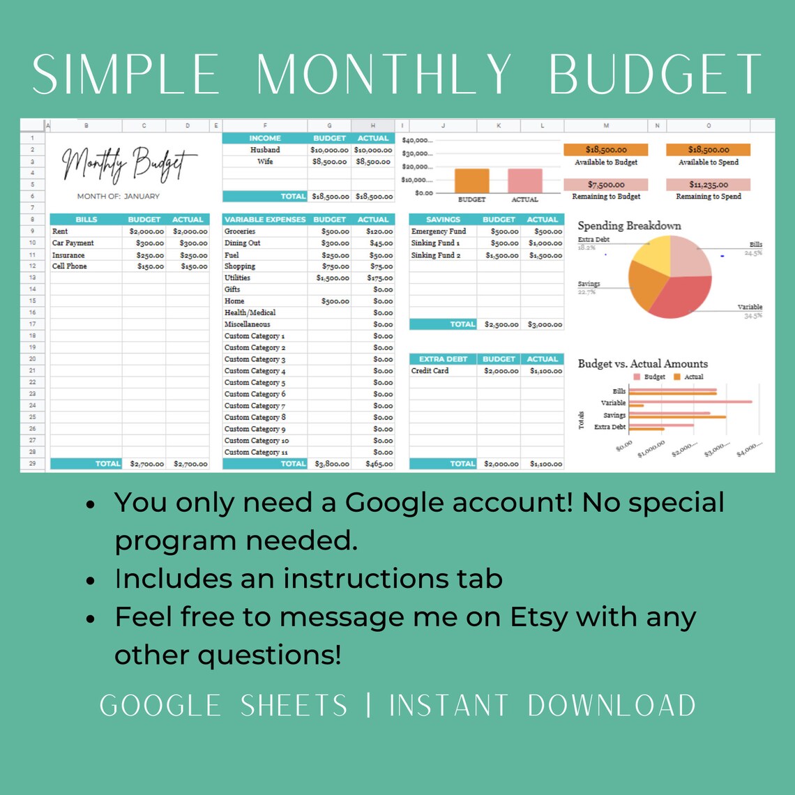 Simple Budget Spreadsheet | Budget Spreadsheet for Multiple Incomes ...