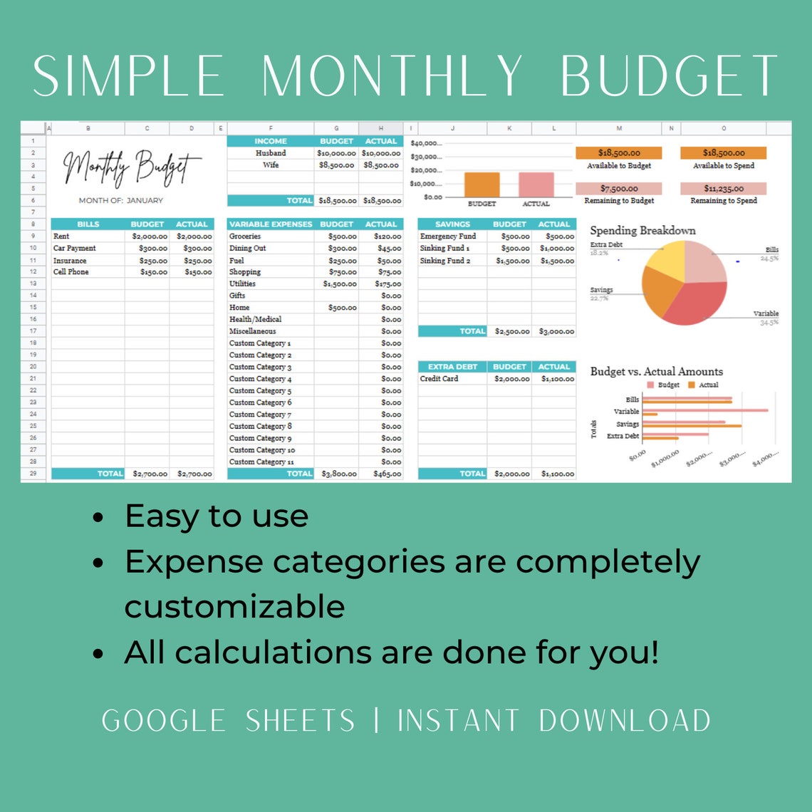 Simple Budget Spreadsheet | Budget Spreadsheet for Multiple Incomes ...