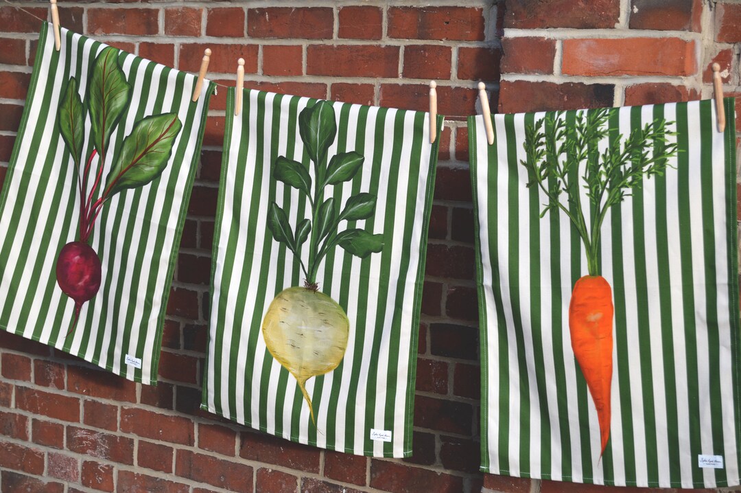 Vegetable Tea Towel Trio Set of Three Vegetable Tea Towels Turnip Tea Towel, Carrot Tea Towel ...