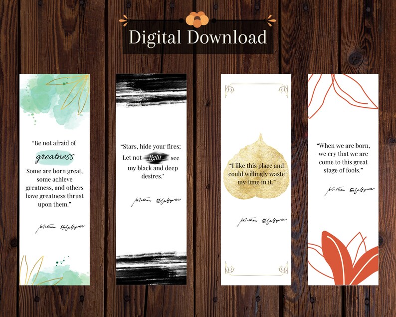 William Shakespeare Quotes Printable Literature Bookmarks ,set of 4 ...