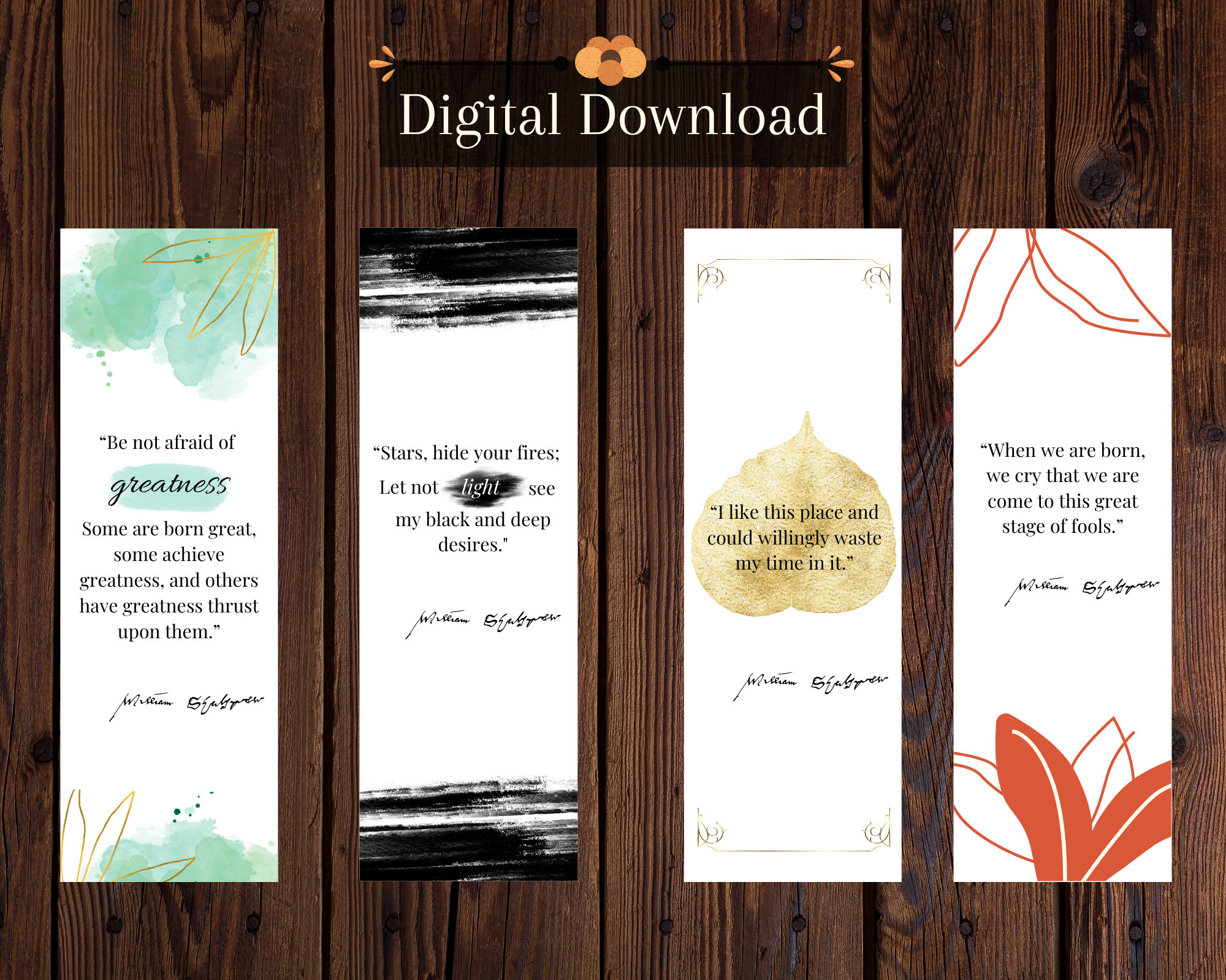 William Shakespeare Quotes Printable Literature Bookmarks ,set of 4 ...