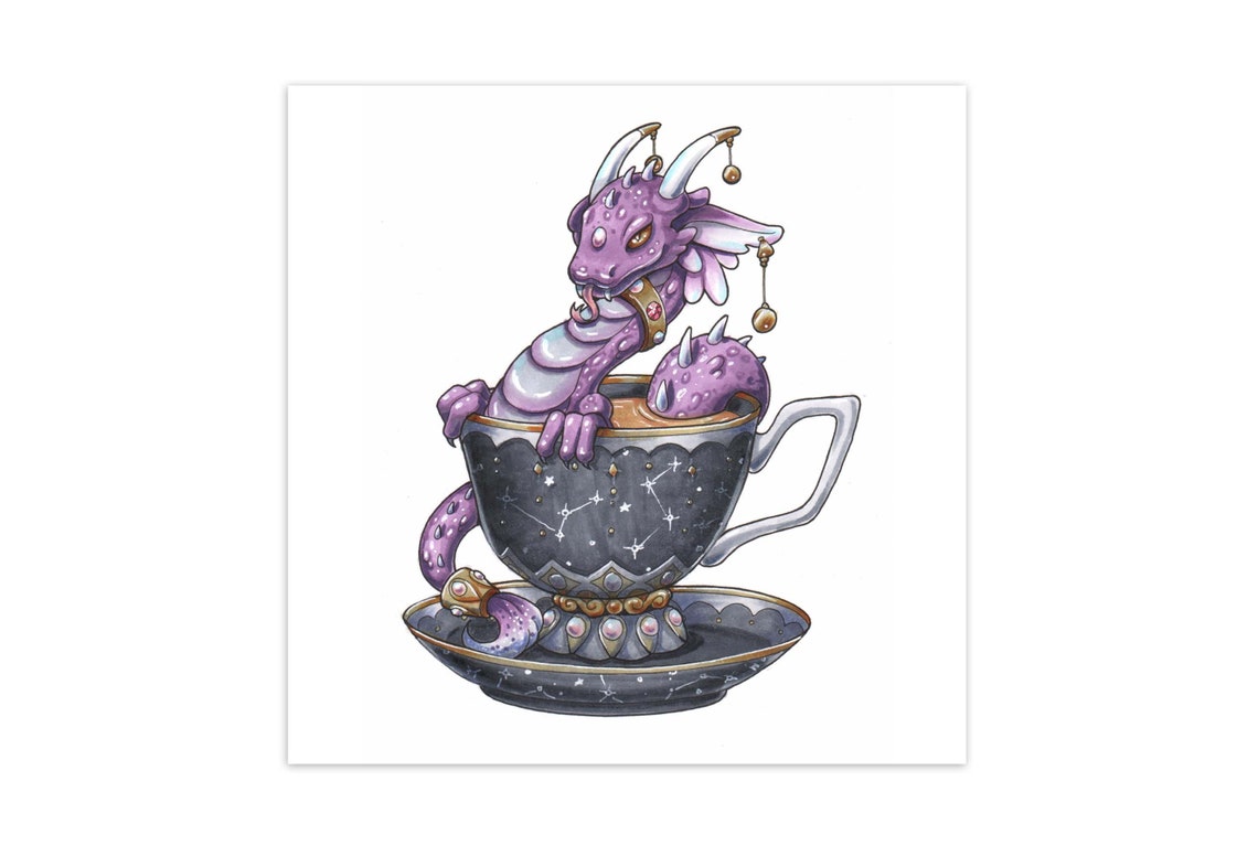 Teacup Dragon Print | 8x8 Dragon Art | Fantasy Illustration | Copic ...