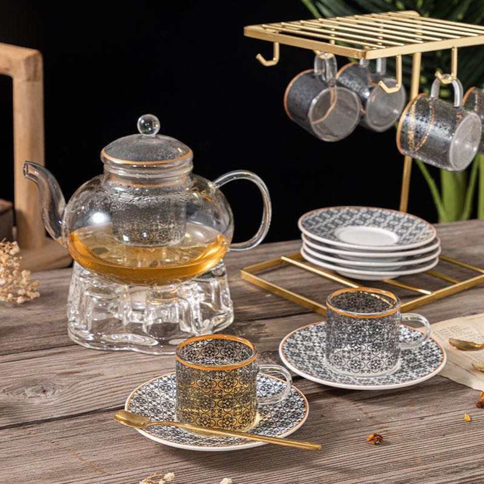 Glass Tea Set With Gold Stand - Etsy