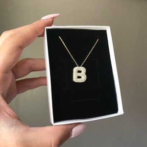 Crystal Bubble Letter Necklace, 14k Gold Balloon Initial Pendant ...