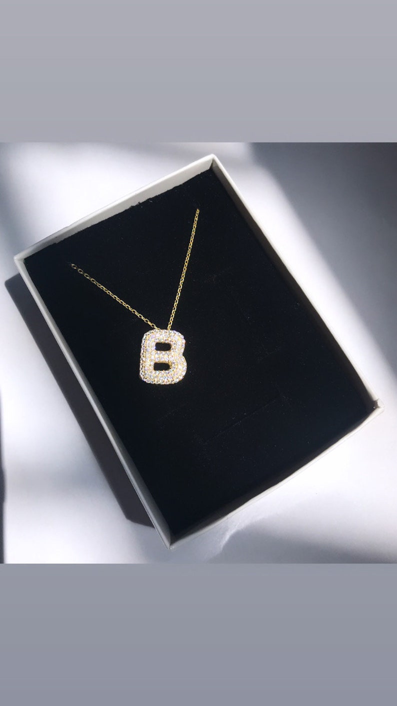 Crystal Bubble Letter Necklace, 14k Gold Balloon Initial Pendant ...