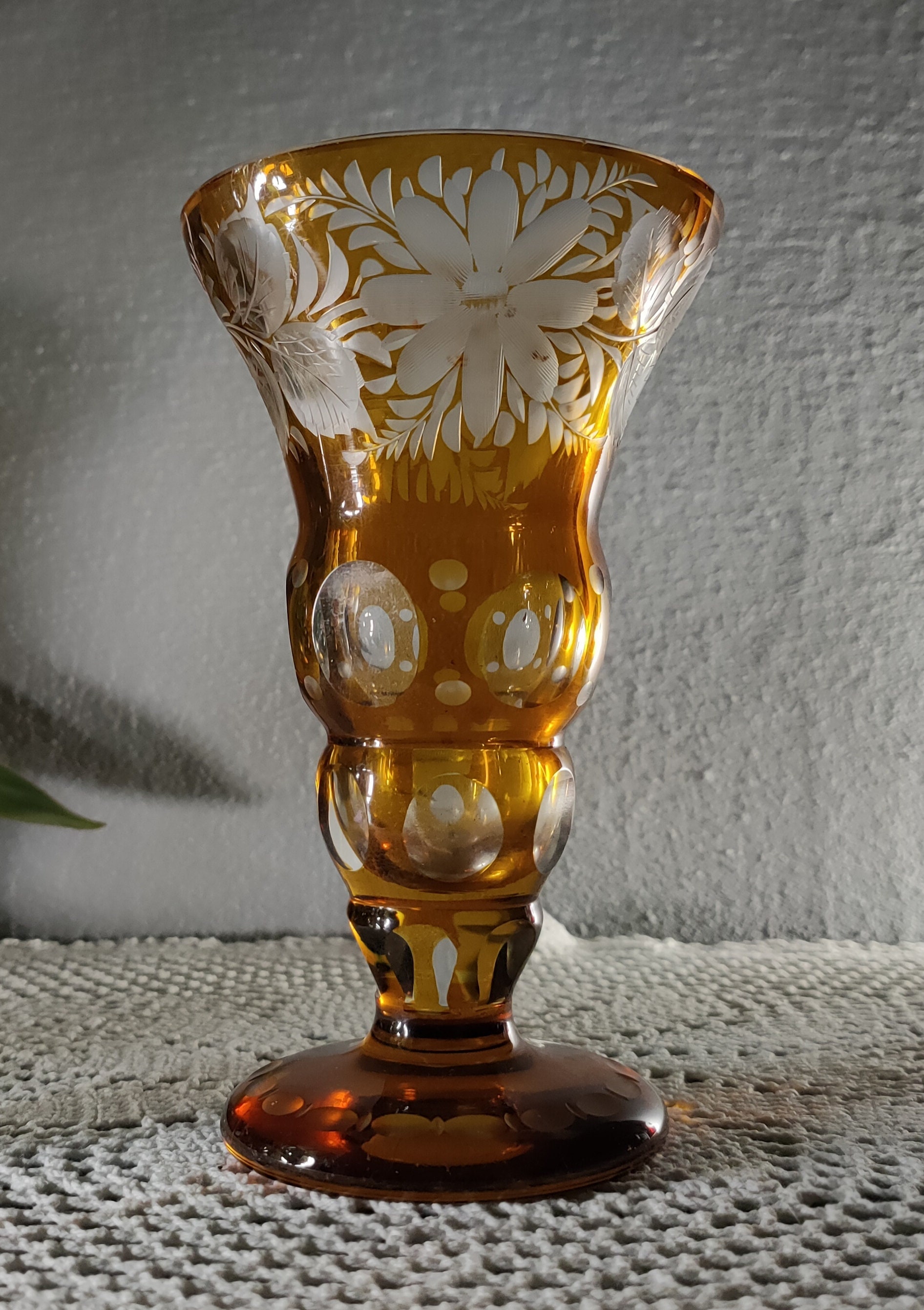 Amber Cut to Clear Glass Vase, Goblet, Bohemia, Glazed Art Glass ...