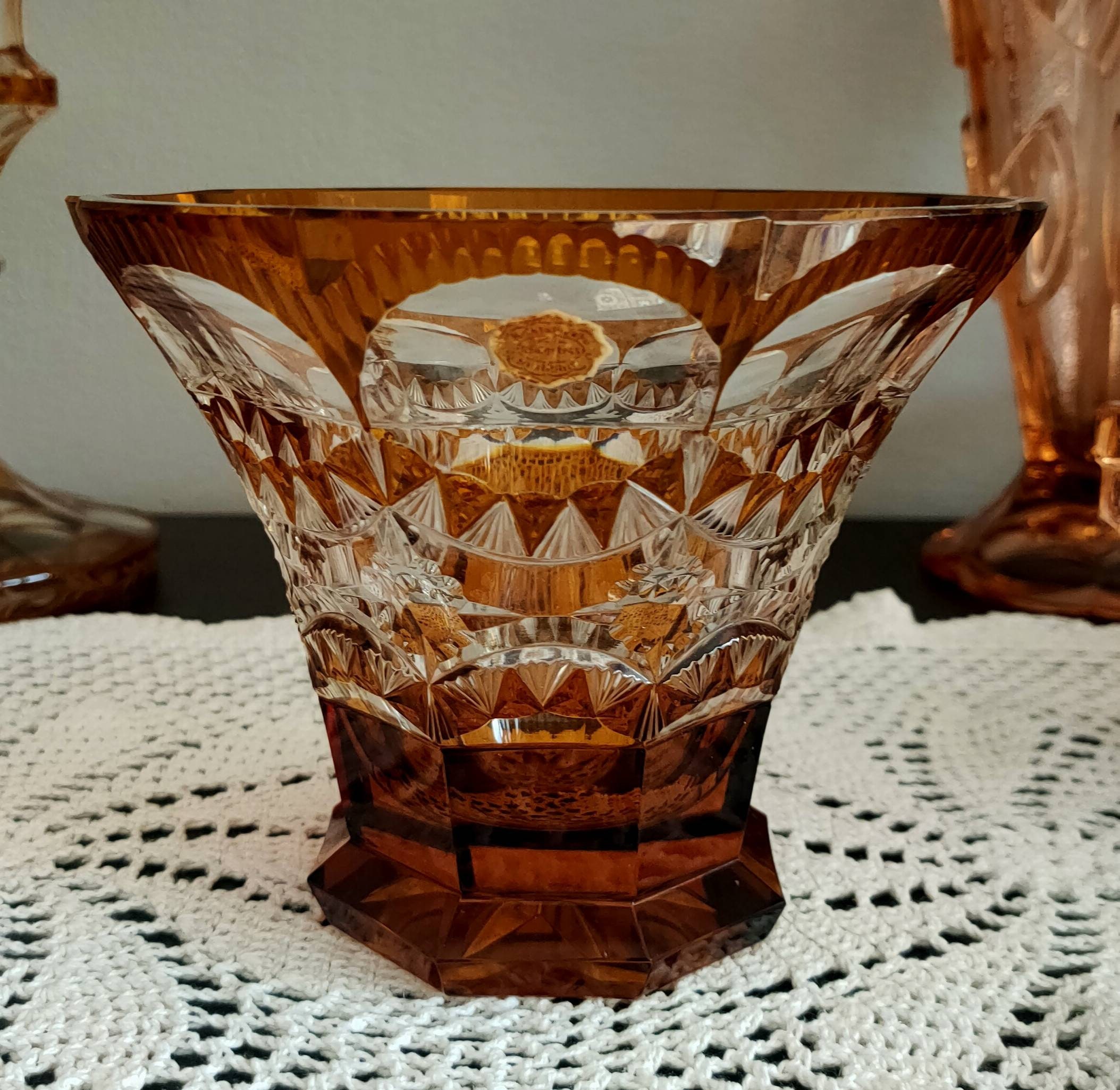 Art Deco Amber Glass Vase, Cut to Clear, Glazed, Bohemia - Etsy