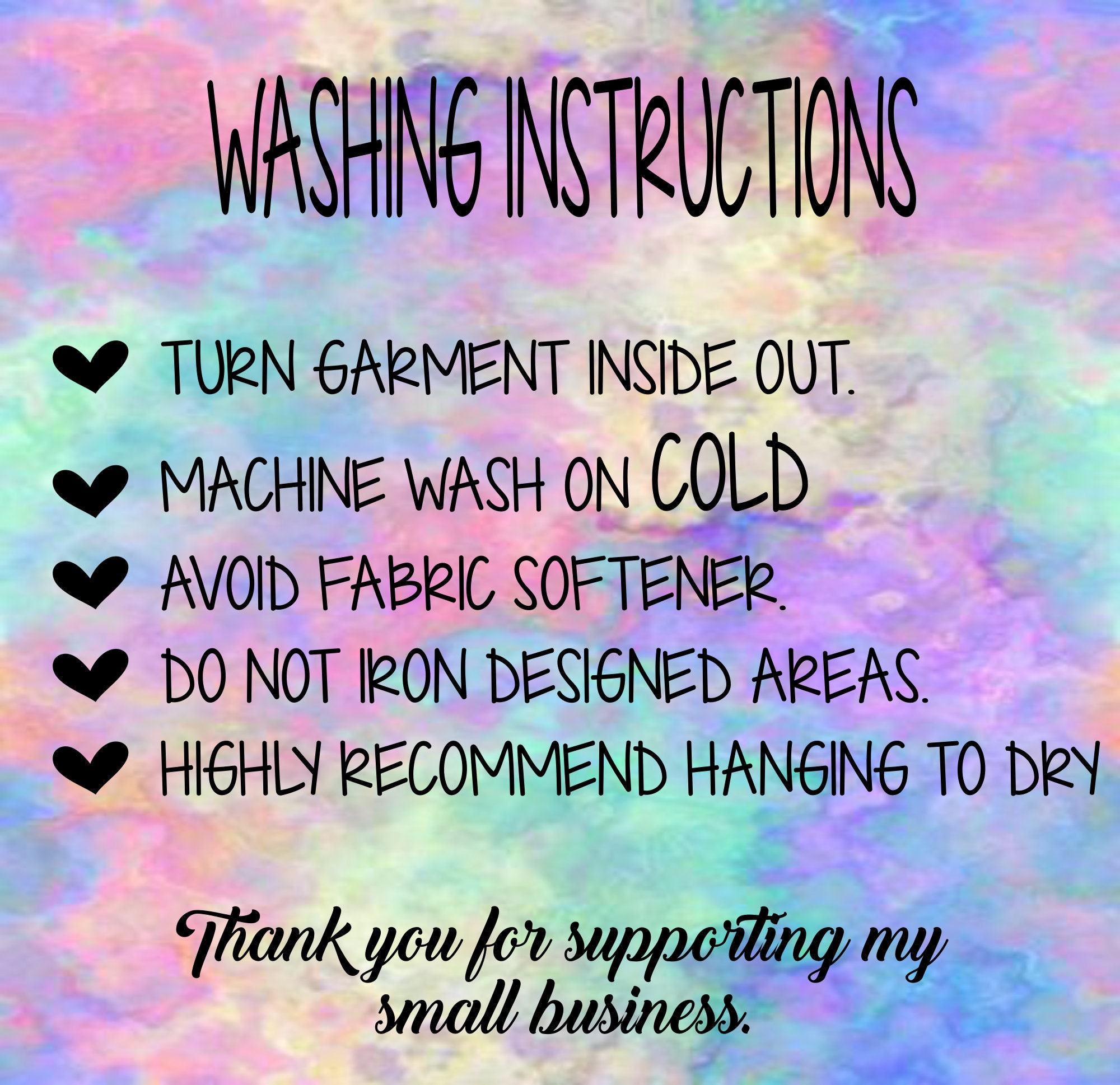 Tie Dye Washing Instructions Care Cards Etsy