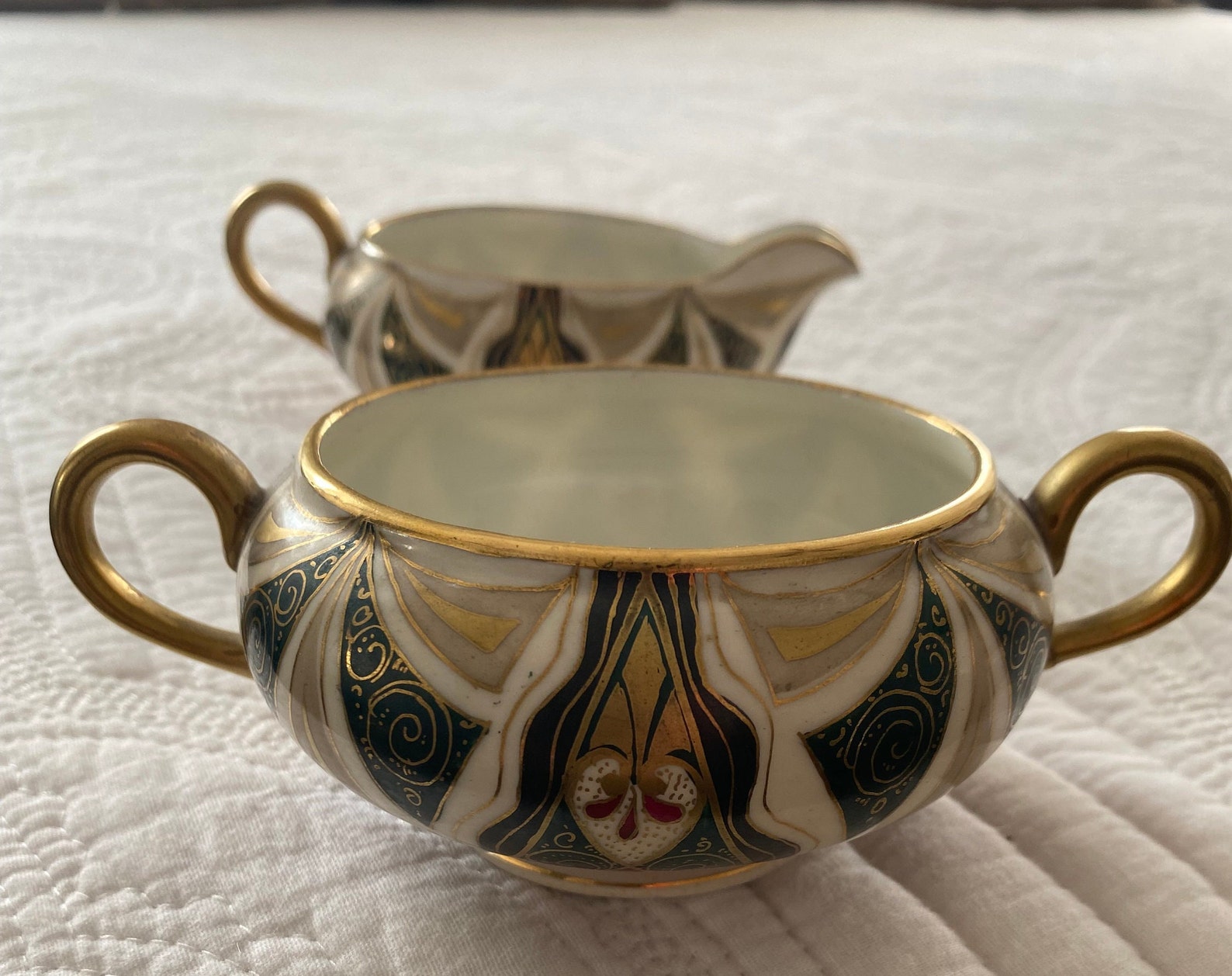 ANTIQUE Vienna Austria Alhambra Open Sugar Bowl & Creamer Art Deco Gold ...