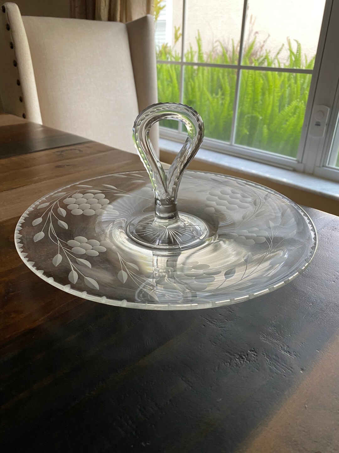 Heisey Crystal Etched Grape Vine Handle Dessert-tidbit Vintage Platter ...