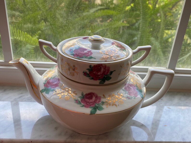 Vintage Porcelain 3 Piece Stackable Tea Pot & Sugar Set Floral Gold ...