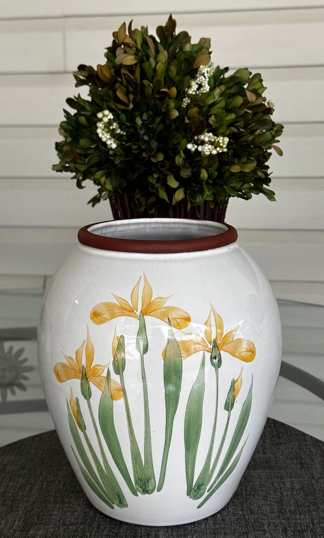 Vintage Emerson Creek Stoneware Pottery White and Yellow Iris's Large 8 ...