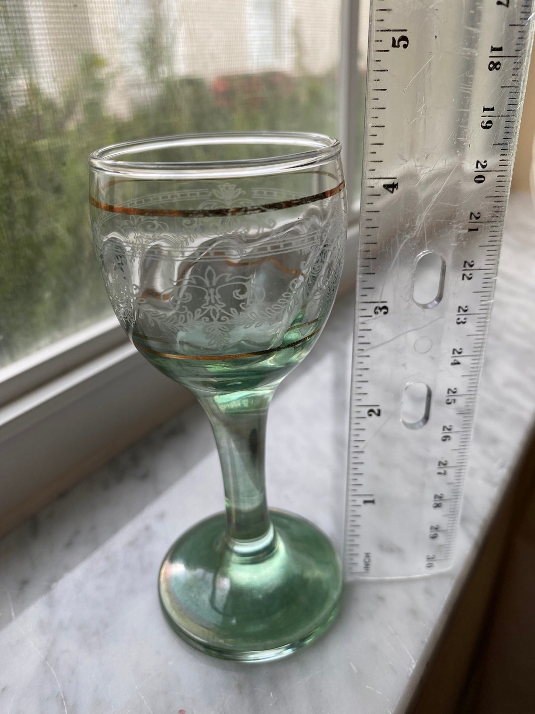 Crystal Etched Filagree Motif Clear Green & Gold Vintage Cordial Stemed ...