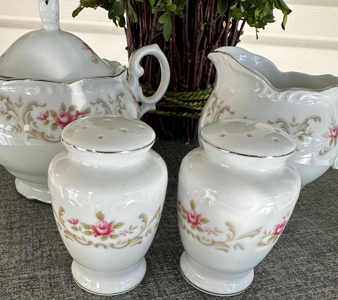 Vintage Rose Baroque Fine China Salt, Pepper, Creamer & Sugar Set - Etsy