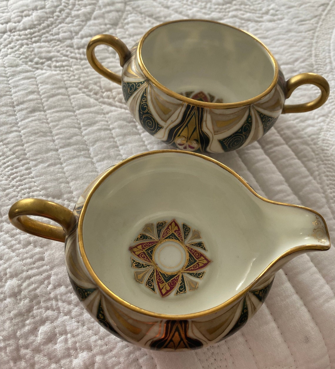 ANTIQUE Vienna Austria Alhambra Open Sugar Bowl & Creamer Art Deco Gold ...