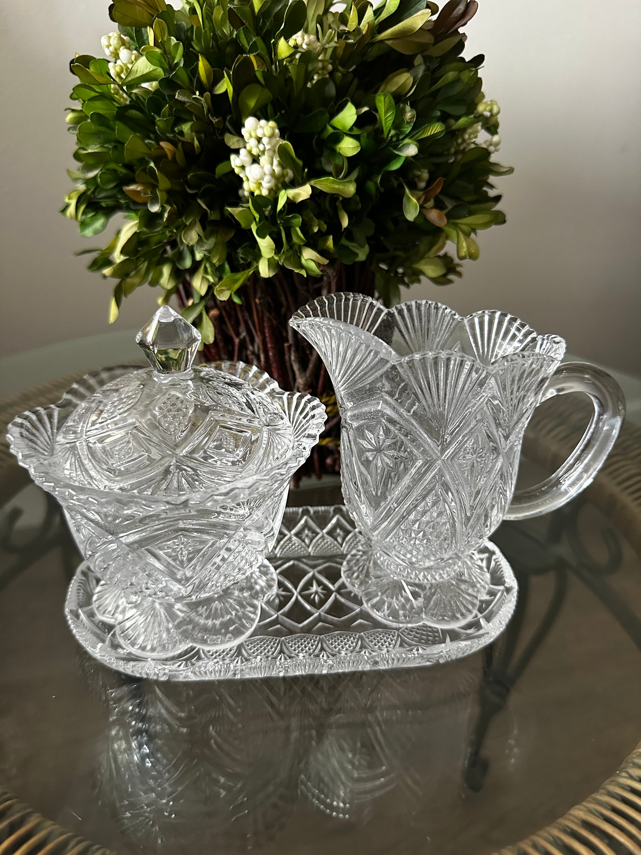 Vintage Pressed Clear Glass Fan Design Cream, Sugar & Resting Plate - Etsy