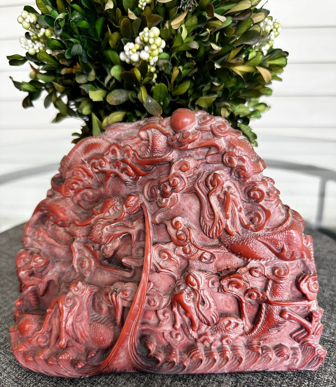 Vintage Chinese Red Faux Cinnabar Carved Lacquer Dragon Ornate ...