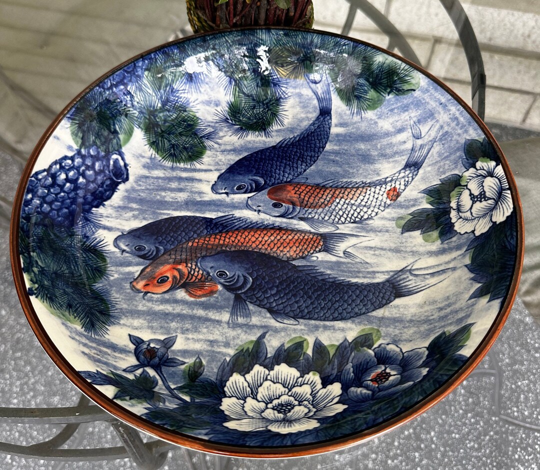 Japanese Koi Fish Motif 12in Decorative Bowl Hand Painted Global Art ...