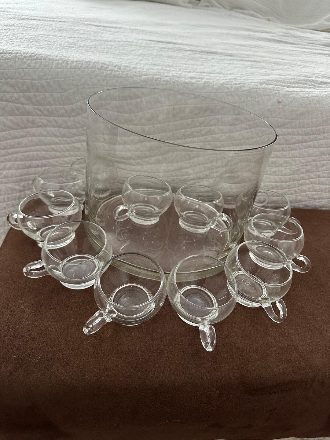 Contempary Glass Punch Bowl With Open Handle Handblown Footed Cup ...