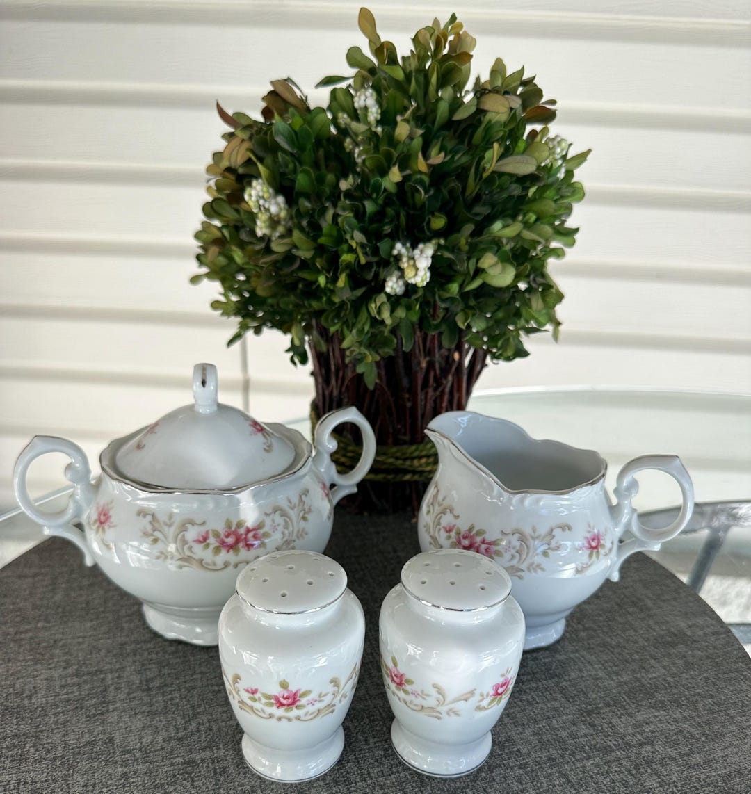 Vintage Rose Baroque Fine China Salt, Pepper, Creamer & Sugar Set - Etsy