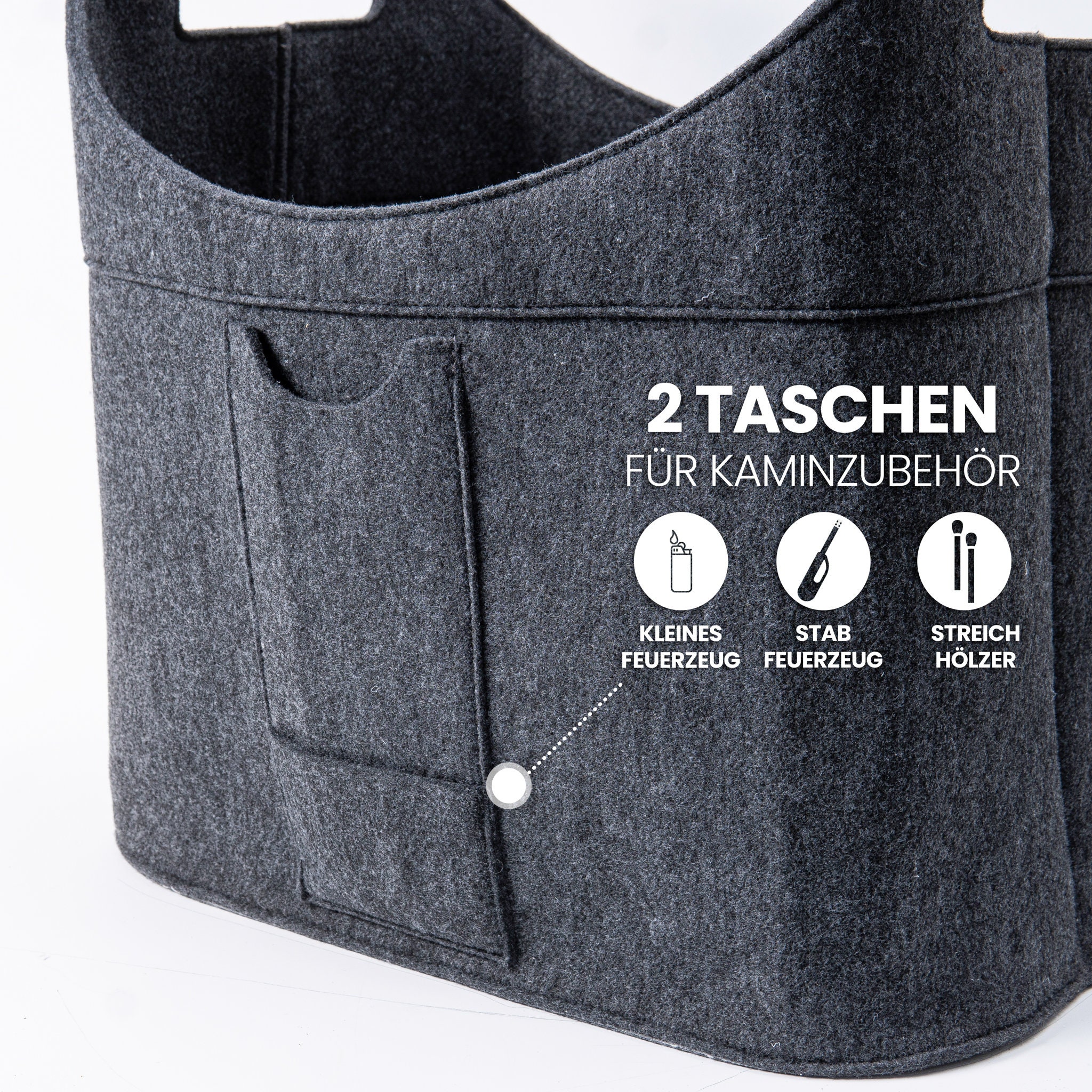 Filz Holzkorb für Kaminholz Groß 40 L mit Echtholzhenkeln Eiche und ...