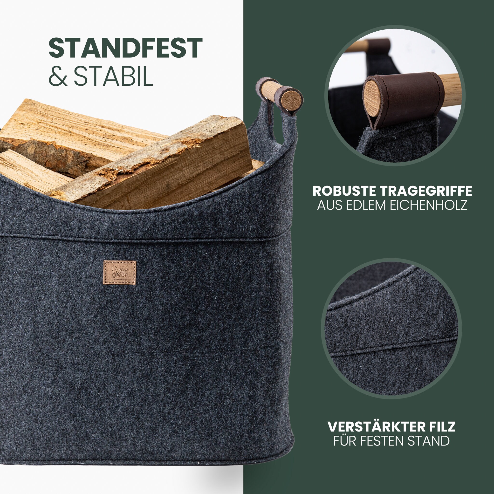 Filz Holzkorb für Kaminholz Groß 40 L mit Echtholzhenkeln Eiche und ...