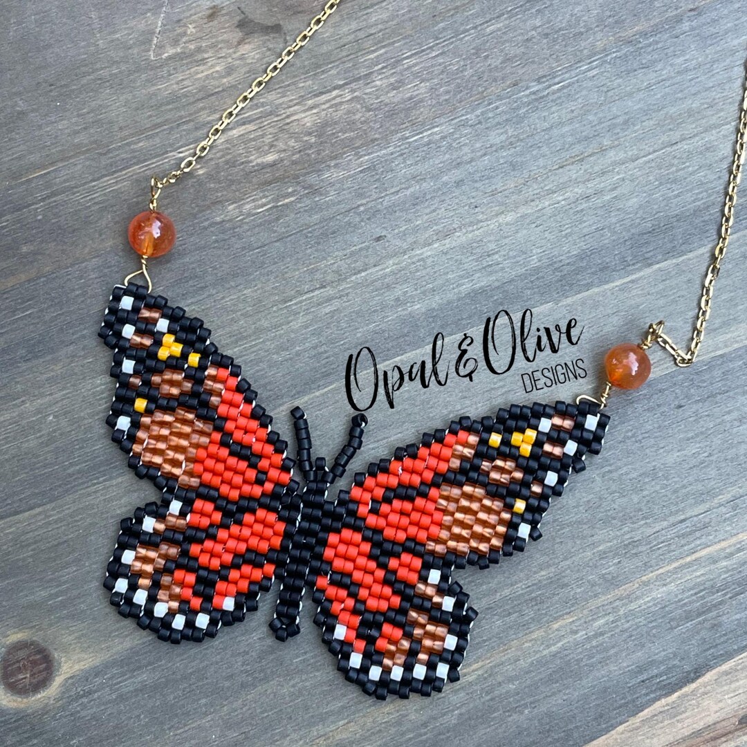 Hand Beaded Monarch Butterfly Necklace With Carnelian Gemstone Beads - Etsy