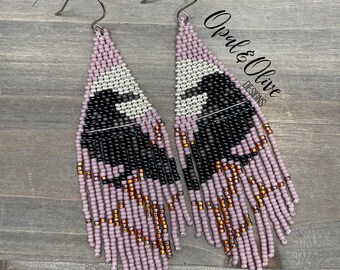 Megan Raven Fringe Earring // Beaded Crow Earring // Hand Beaded Bird ...