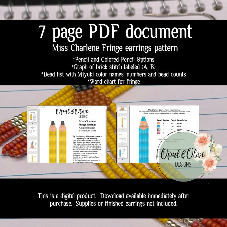 Beaded Pencil Earrings Pattern: Miss Charlene Fringe Design (PDF ...