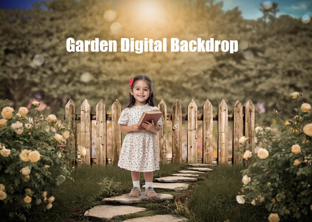 Enchanted Garden Digital Backdrop, Picket Fence Garden Background ...