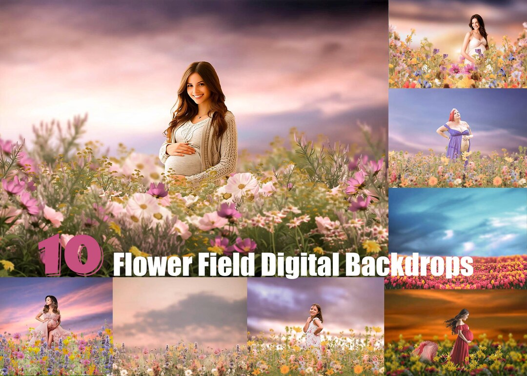 10 Flower Field Digital Backdrops, Digital Spring Background, Floral ...
