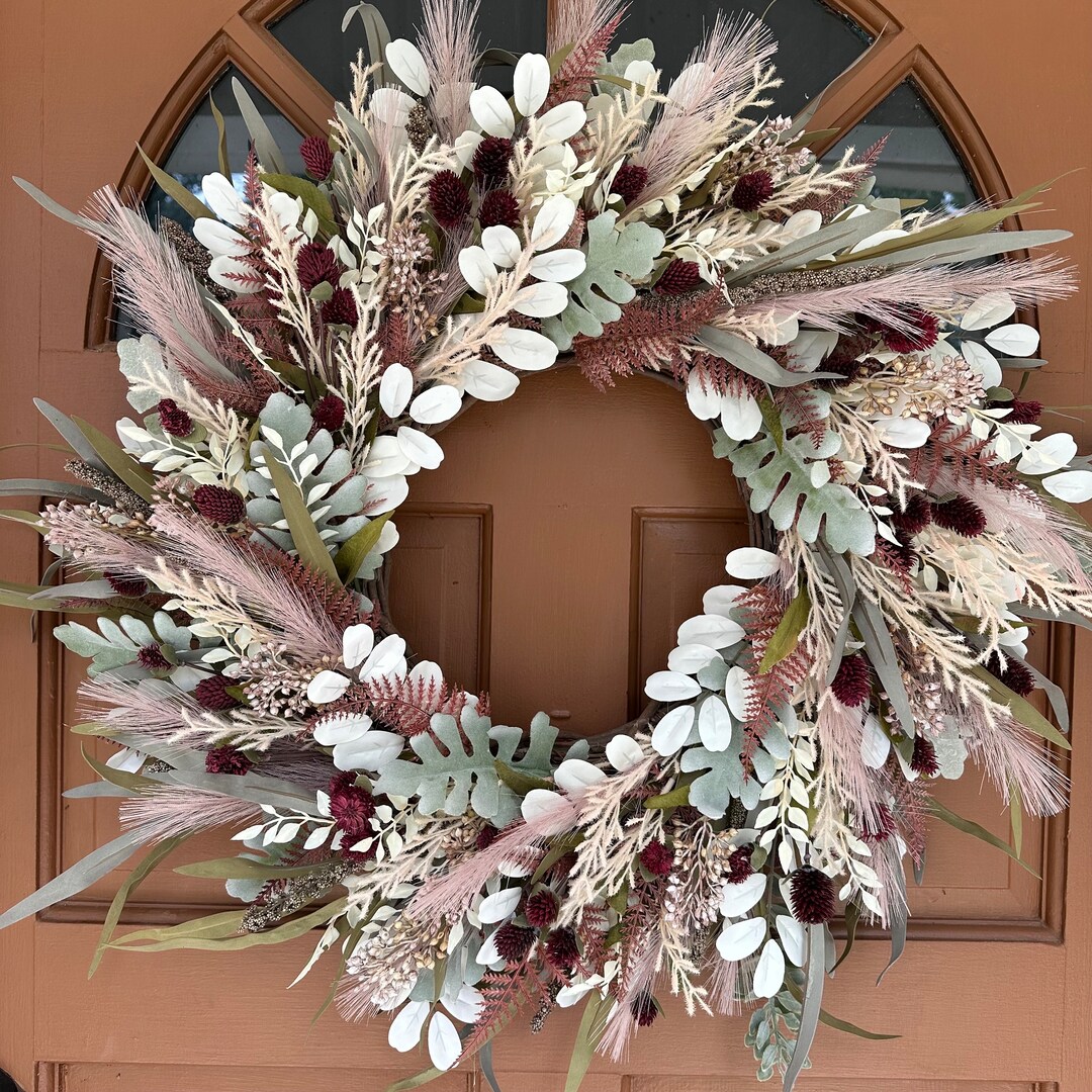 Rustic Fall Wreath for Front Door With Mauve and Dusty Pink Tones, Boho ...