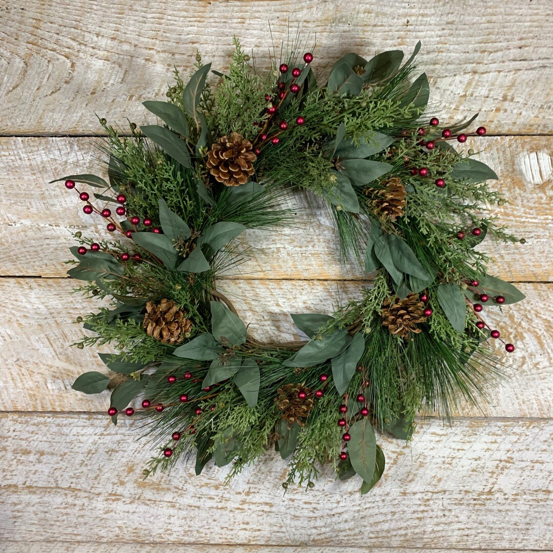 Rustic Winter Wreath for Front Door, Eucalyptus Pine and Red Berry ...