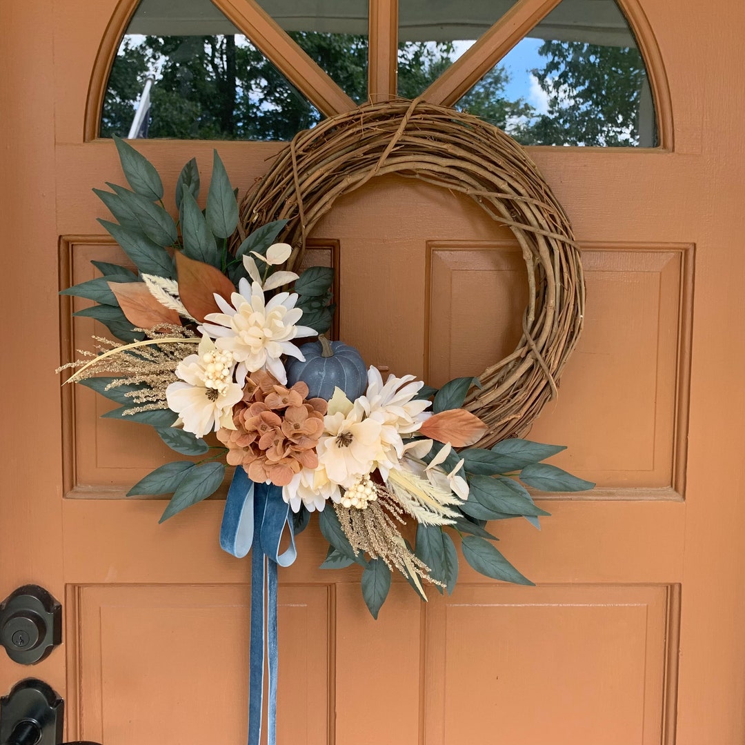 Fall Boho Wreath for Front Door, Cream Taupe and Denim Blue Wreath With ...