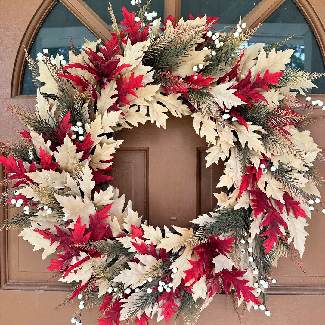 Rustic Fall Winter Wreath for Front Door With Berries, Red and Beige ...