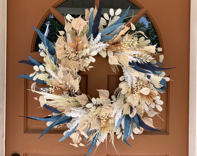 Neutral Fall Boho Farmhouse Wreath for Front Door, Beige Blue and Brown ...