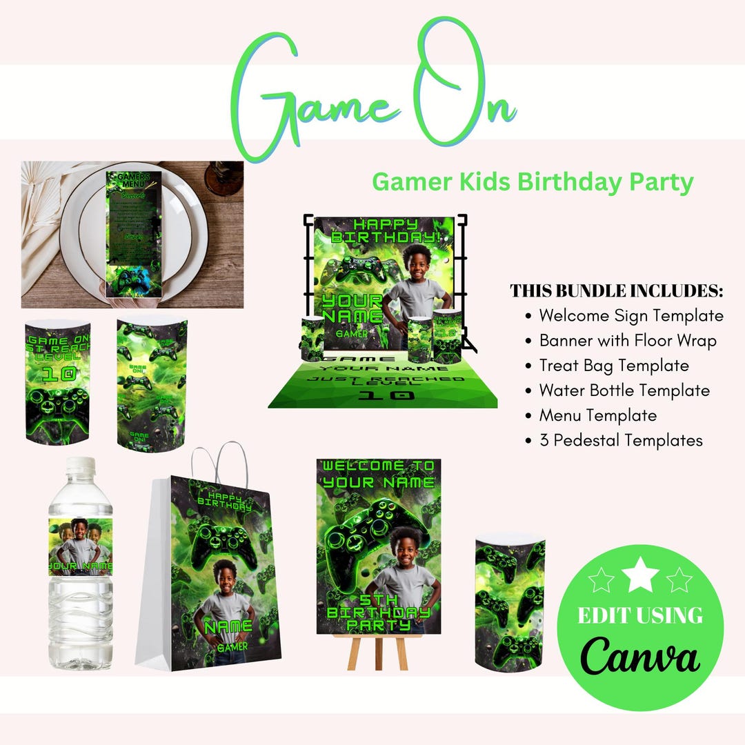 Editable Gamer Birthday Bundle - Welcome Sign, Treat Bag, Water Bottle ...