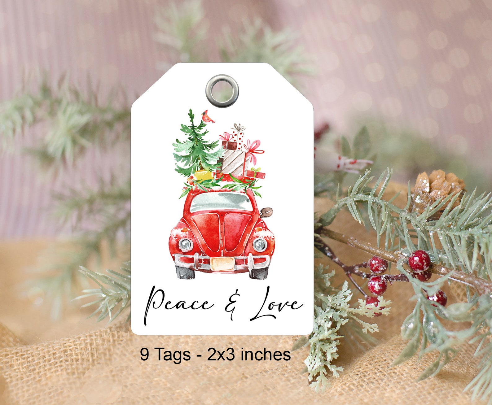 Red Car Christmas Gift Tags Peace & Love Red Car Tags - Etsy