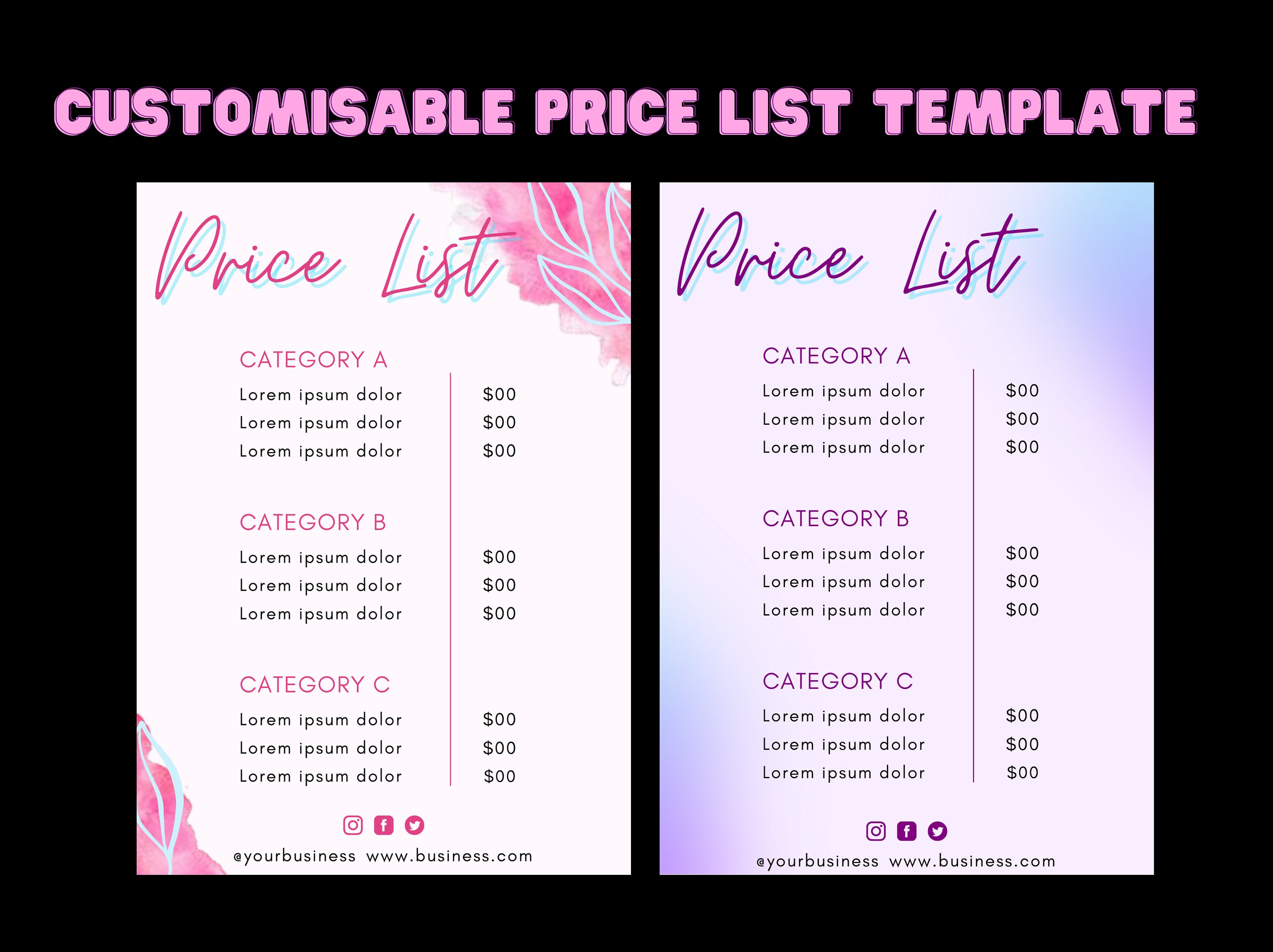 Price List Template Small Business Price List Editable Price Etsy