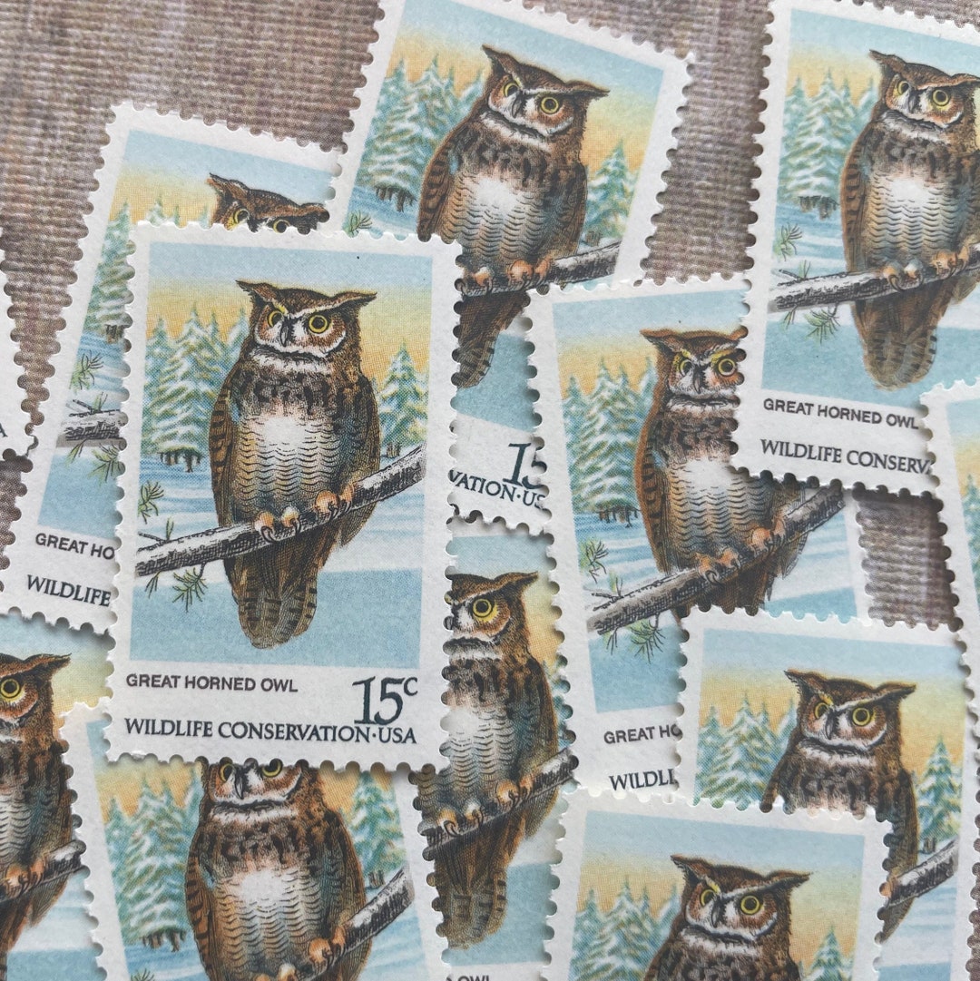 10 Great Horned Owl 15 Cent Vintage Postage Stamps. Wildlife ...