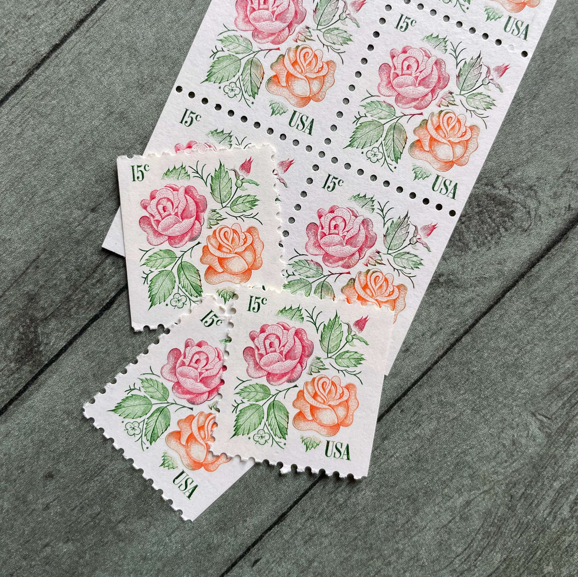 10 Medallion Roses 15 Cent Vintage Postage Stamps. Red and Orange Roses ...