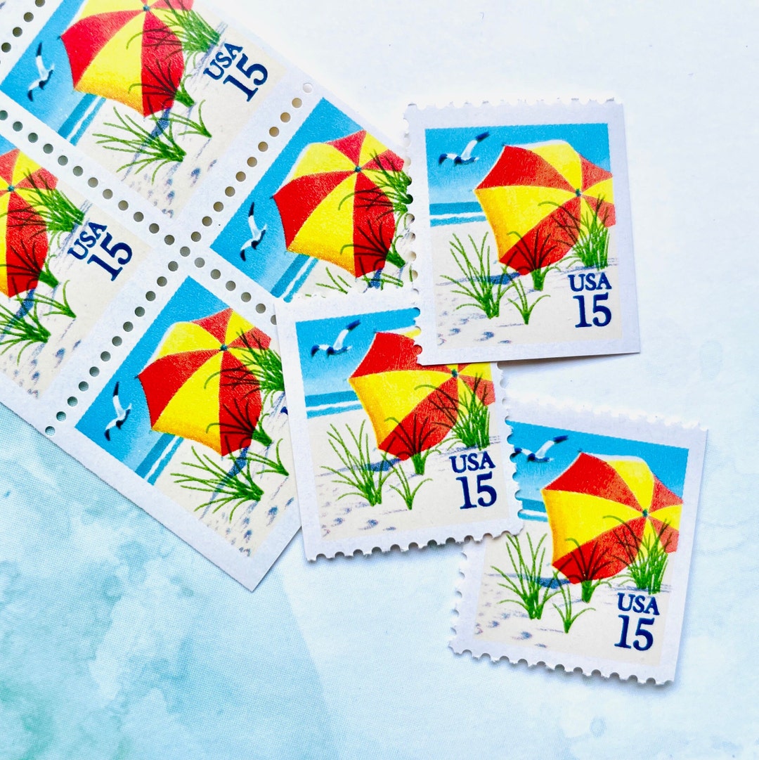 10 Beach Umbrella 15 Cent Vintage Postage Stamps. Ocean, Beach, Summer ...