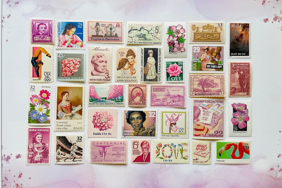 Unique Vintage Postage Stamps. Grab Bag of Ten 10 Pink Unused Vintage ...