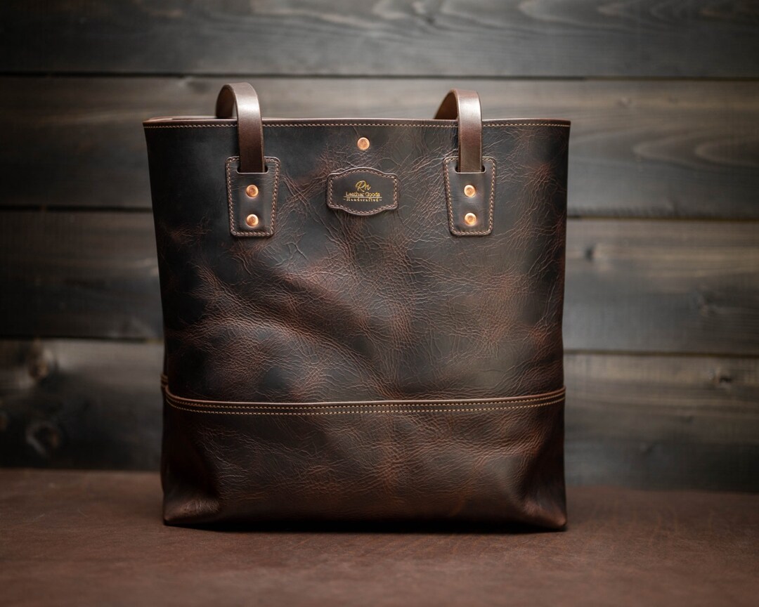 Rustic Leather Tote, Brown Pullup Leather Bag With Badge Holder ...
