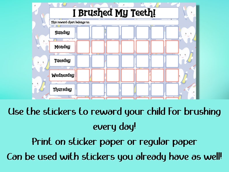 Reward Chart for Brushing Teeth With Printable Stickers - Etsy
