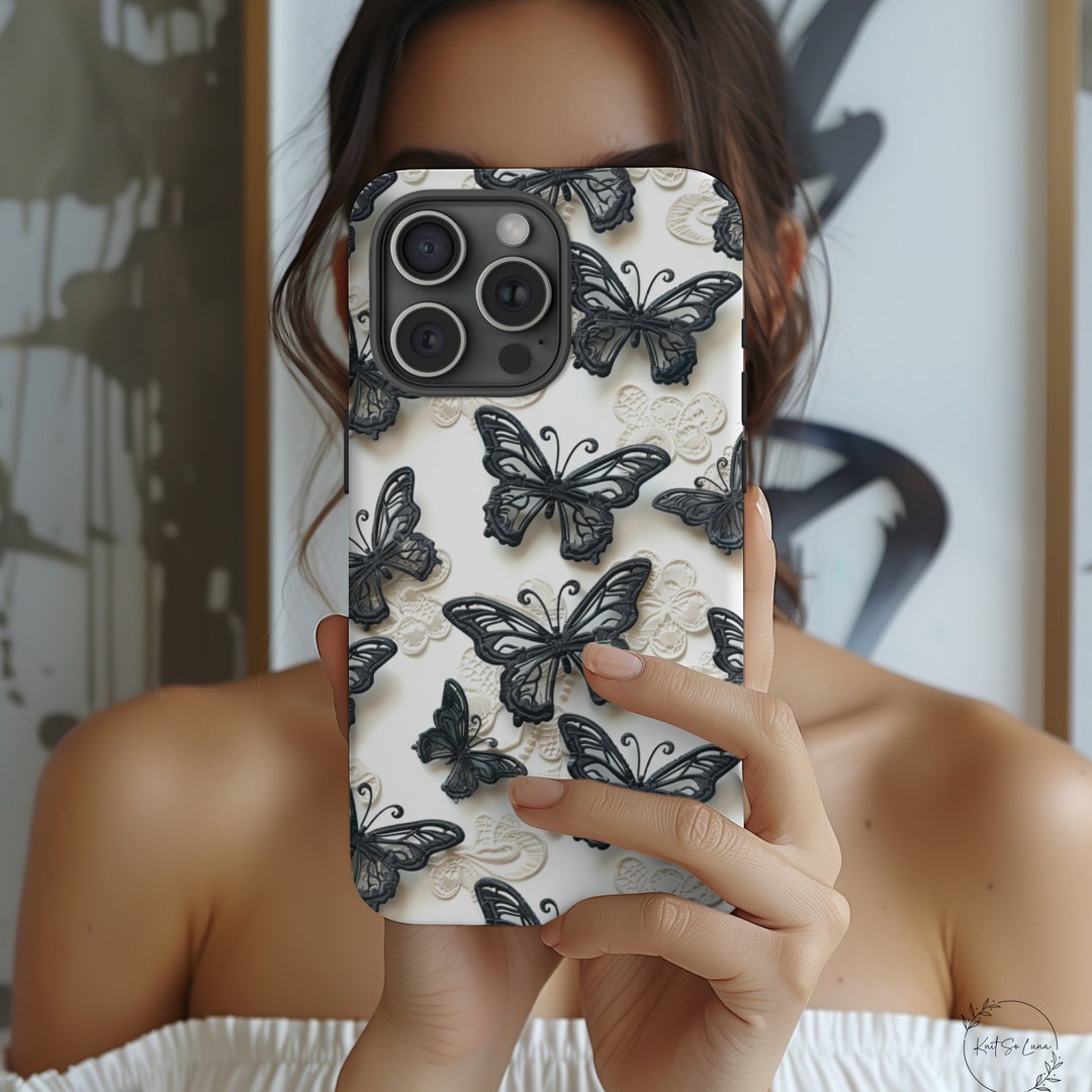 Faux Embroidery Lace Black Butterflies Phone Case, Black and White ...