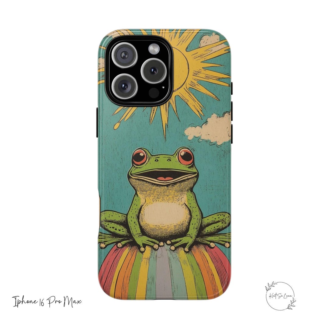 Happy Vintage Frog Sitting on Rainbow Phone Case, Cute Retro Frog Phone ...
